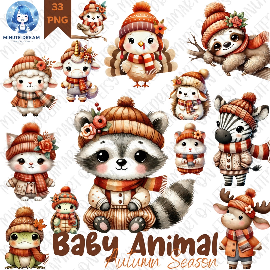 Fall Baby Animal Clipart: Watercolor Autumn PNG (33 Files) - Etsy