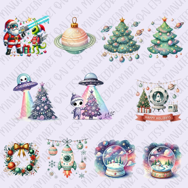 Galaxy Christmas Clipart: Festive Alien PNG, Watercolor Space Art ...