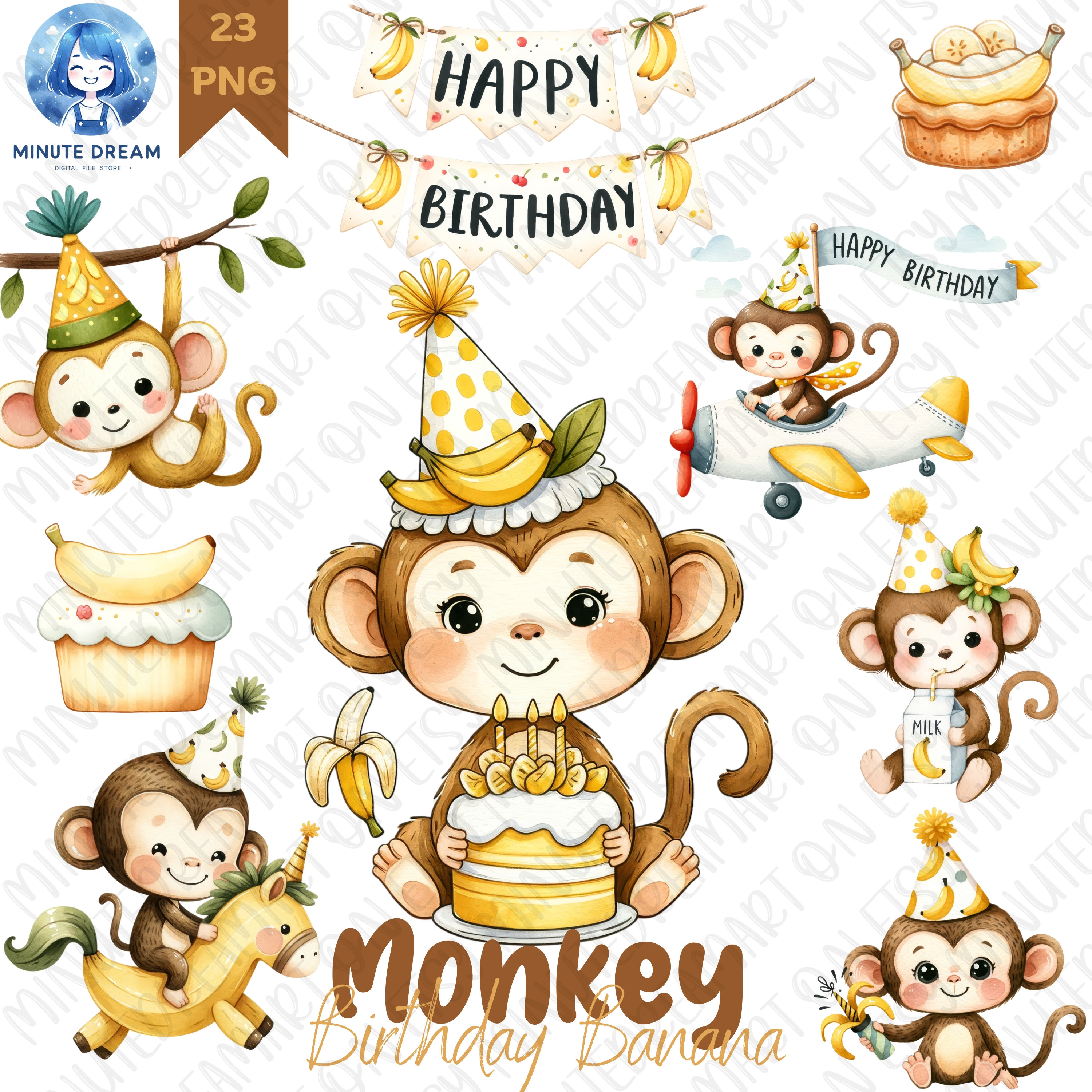 Cute Monkey Clipart, Baby Animal Png, Birthday Banana , Watercolor ...