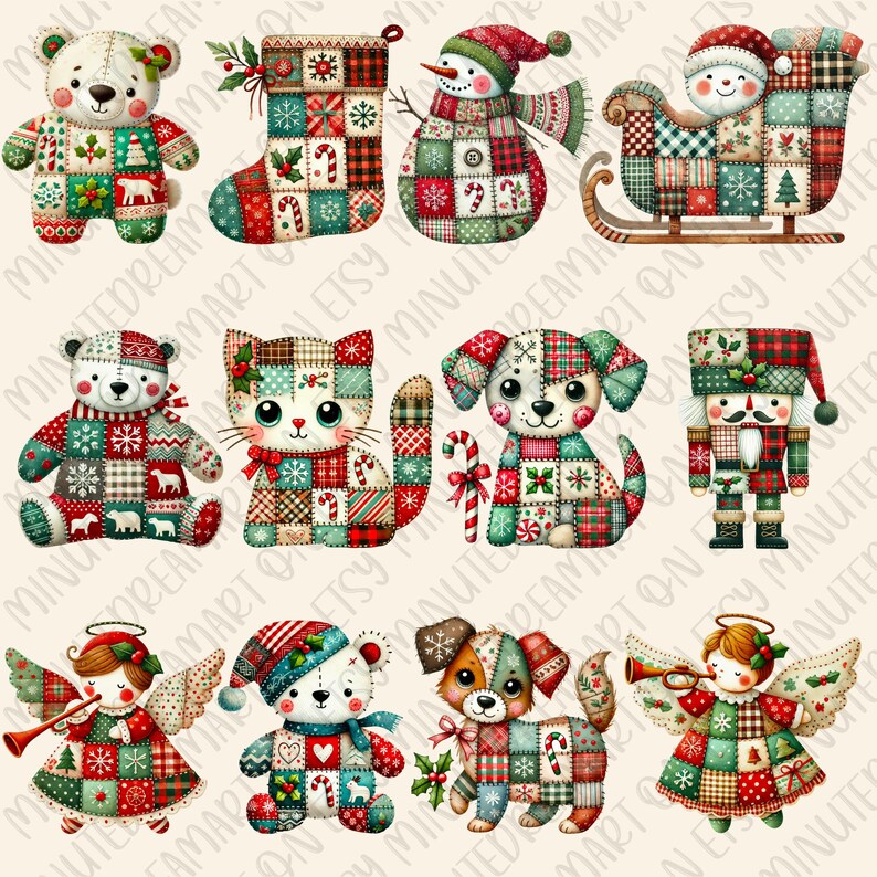 Patchwork Christmas Clipart: Watercolor Holiday PNG (digital Download ...