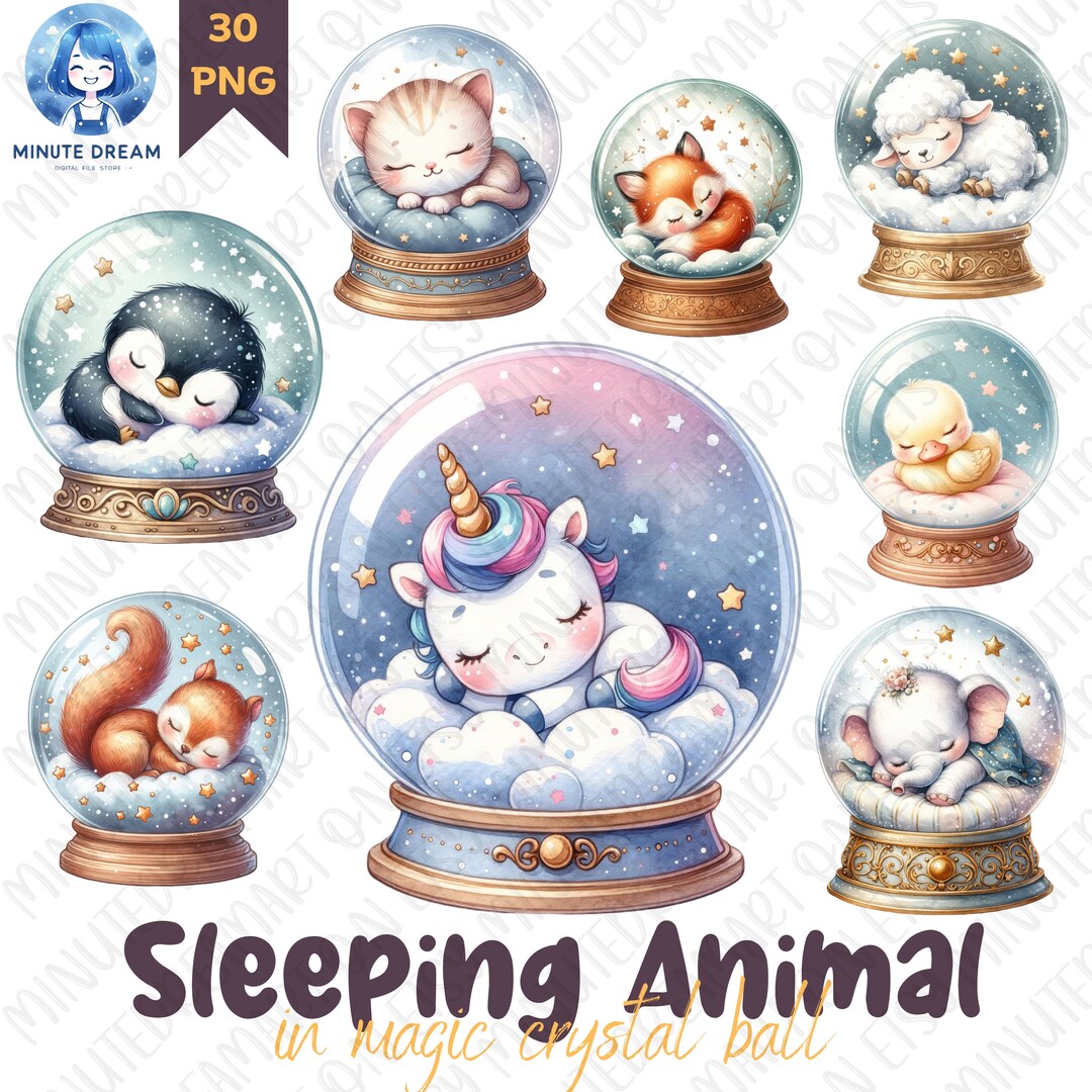 Watercolor Sleeping Animal Clipart: Crystal Ball Fantasy (PNG) - Etsy