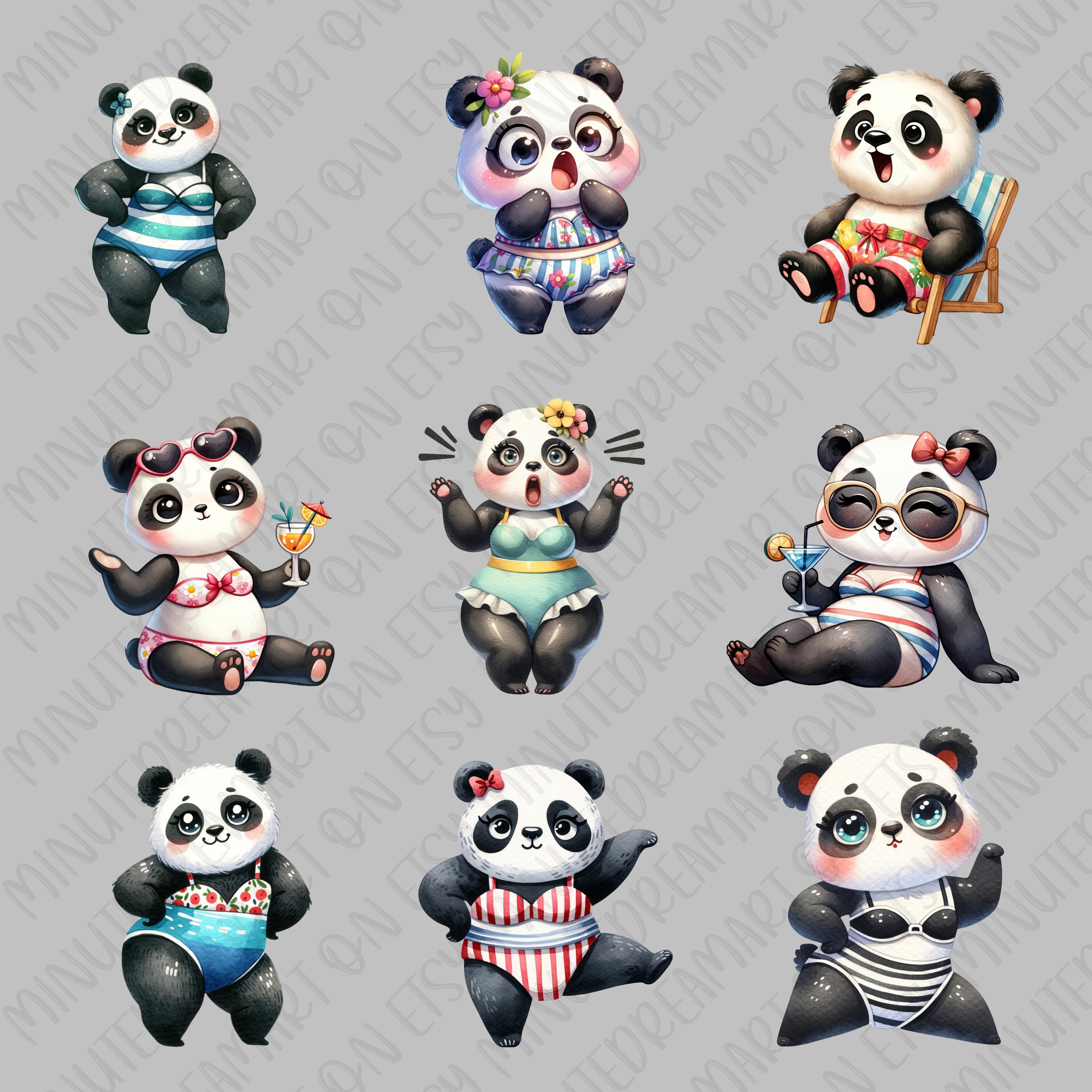 Funny Panda Clipart, Summer Season, Watercolor Sublimation, Beach ...