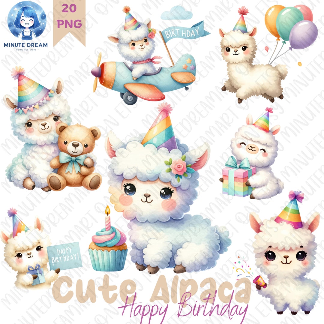 Cute Alpaca Clipart, Rainbow Party Png, Gift for KID, Watercolor ...