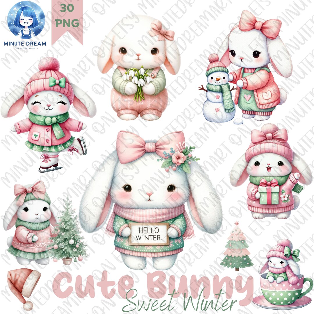 Woodland Bunny Clipart, Watercolor Sublimation, Pastel Winter Season ...