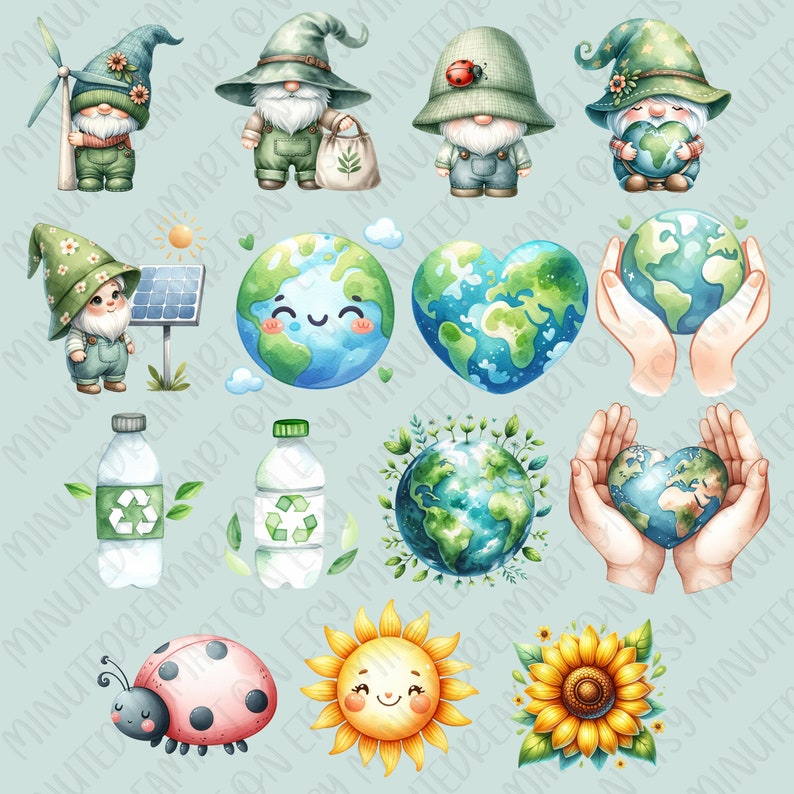 Green Gnome Clipart, Earth Day Clipart, Watercolor Sublimation, Plant ...