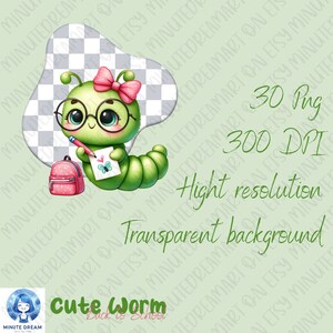 Cute Worm Clipart, With Pink Bow, Back to School Png, Watercolor ...