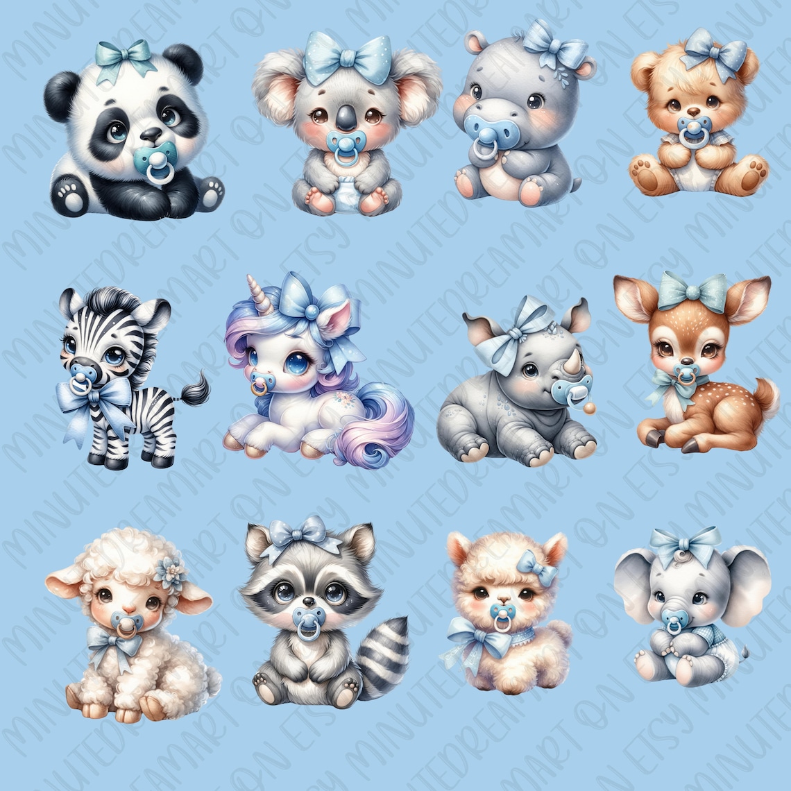 Cute Baby Animal Clipart, With Blue Bow, Gift for Boy's Baby Shower ...