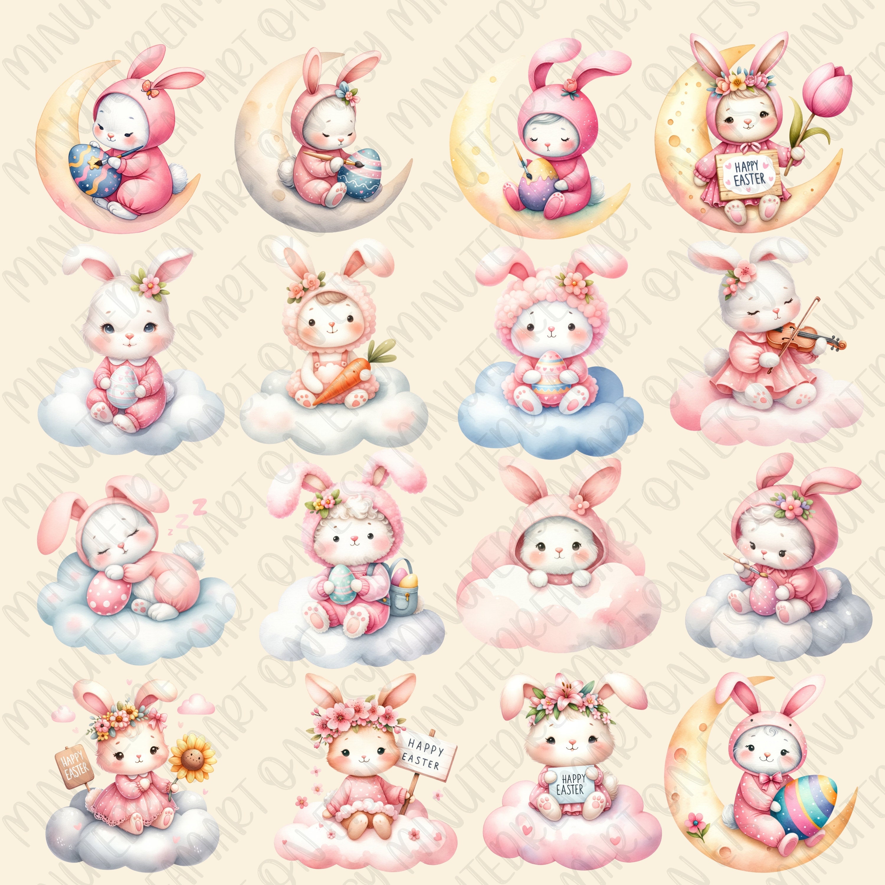 Bunny Moon Easter Clipart, Easter Egg Day, Watercolor Sublimation, Moon ...