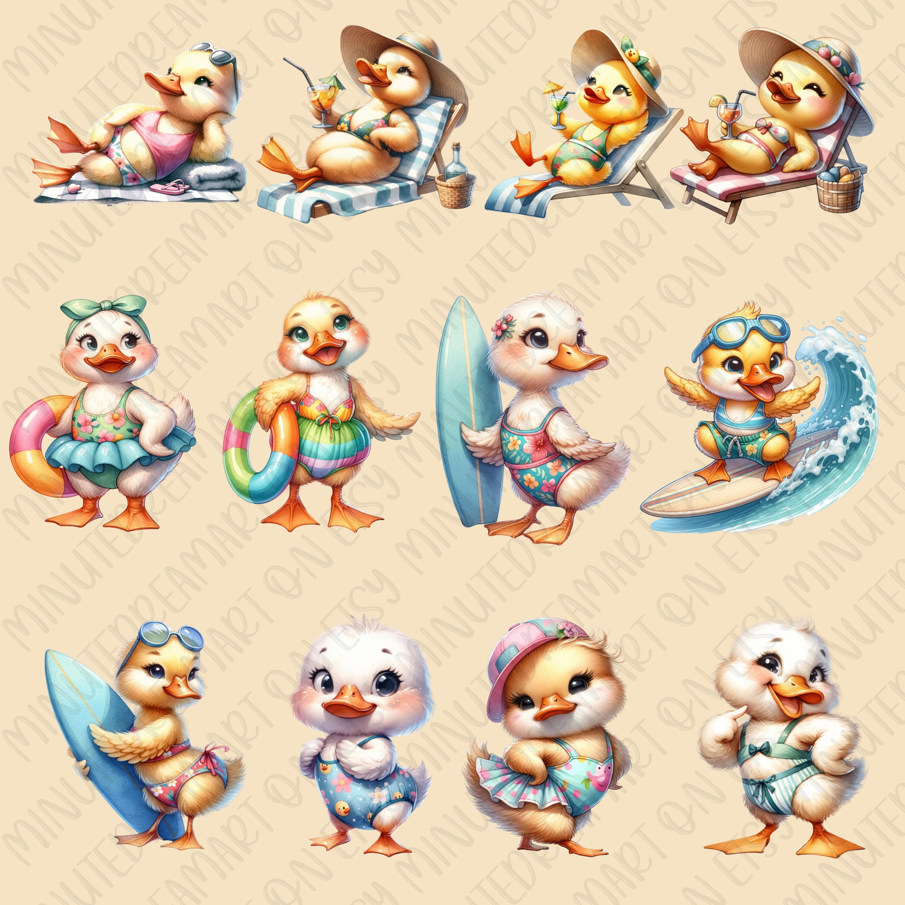 Funny Duck Clipart, Summer Season, Watercolor Sublimation, Beach ...