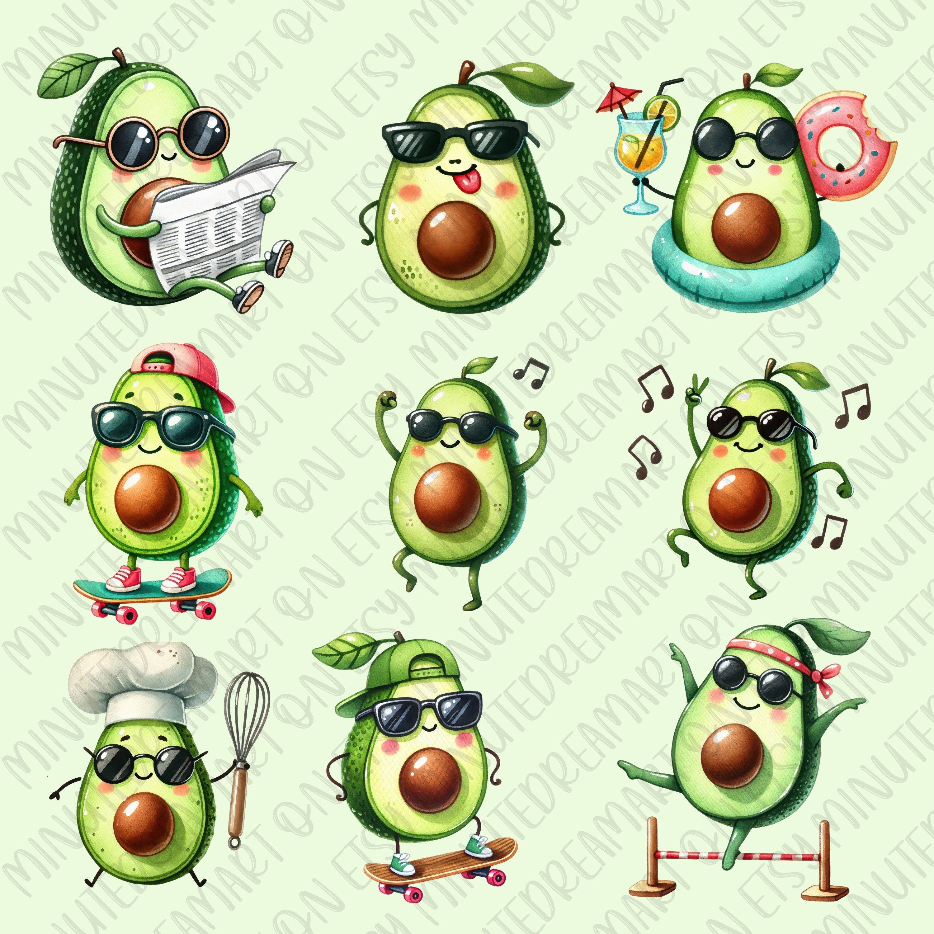 Funny Avocado Clipart, With Sunglasses, Gift for KID, Watercolor ...