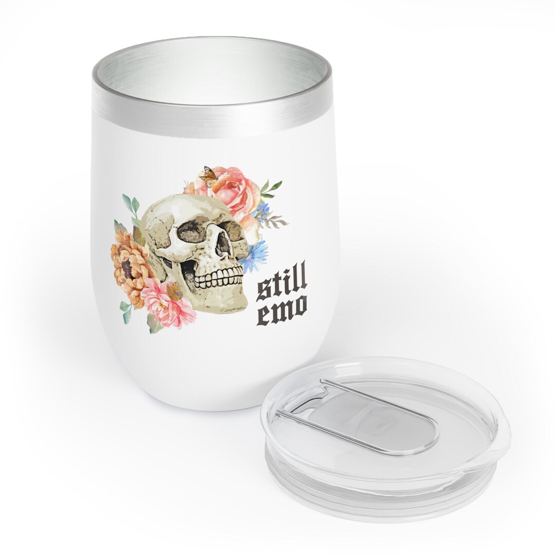 Still Emo Wine Tumbler | Skull & Flowers Gothic Punk Design | 12oz ...