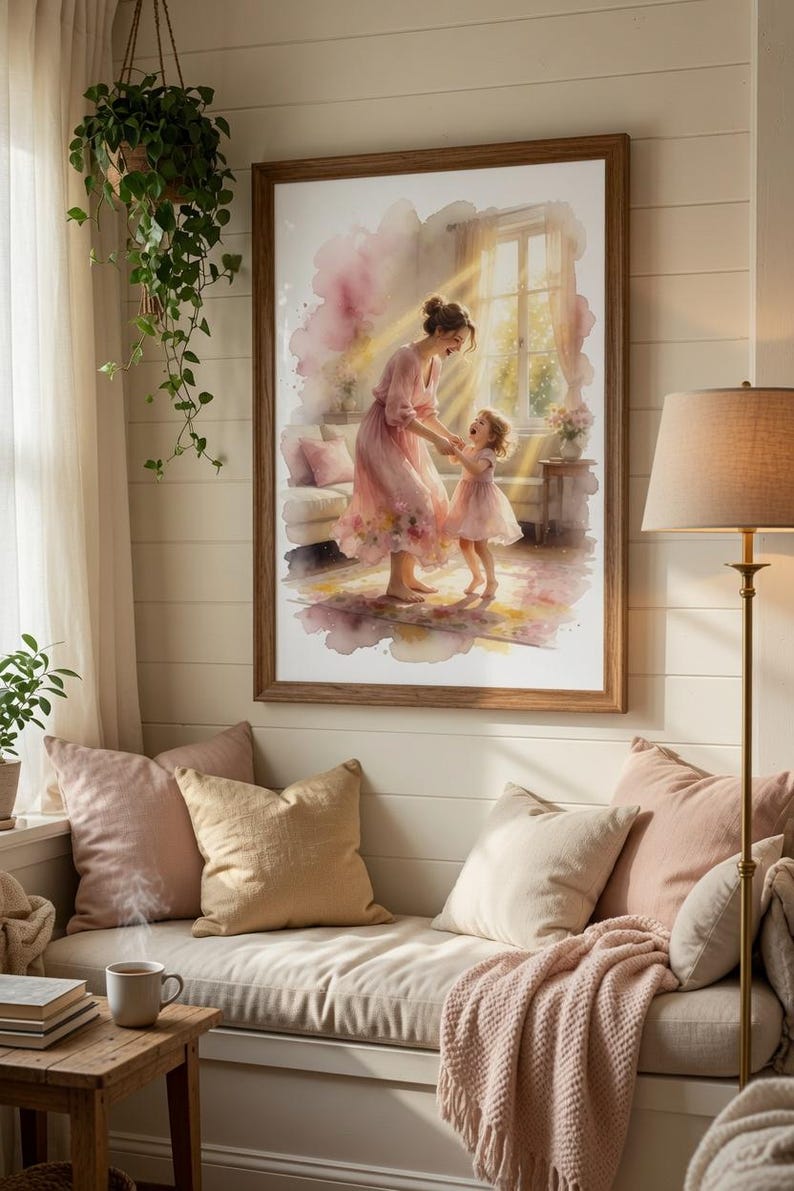 Mother Daughter Watercolor Dancing Print, Whimsical Family Illustration ...