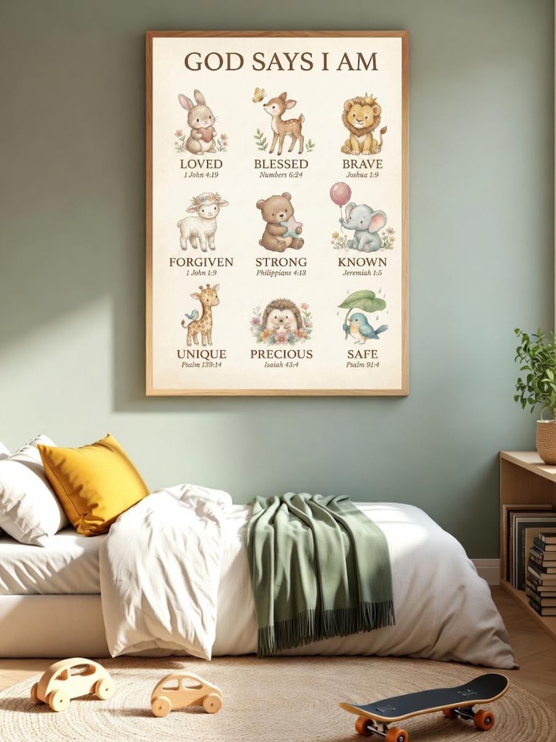 God Says I Am Printable, Christian Nursery Wall Art, Bible Verse Animal ...