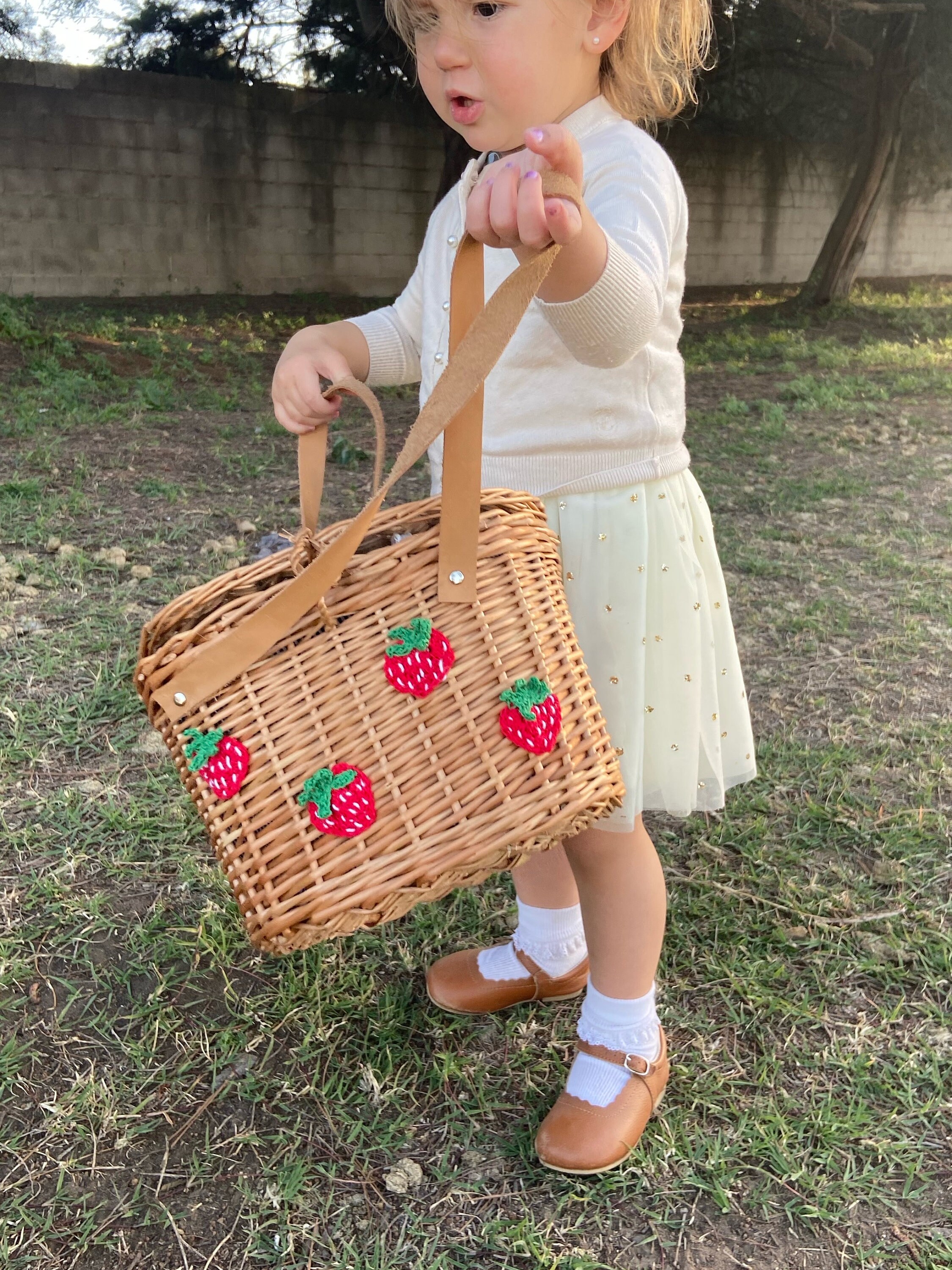 Cute Kids' Wicker Picnic Basket With Embroidered Design and Convenient ...