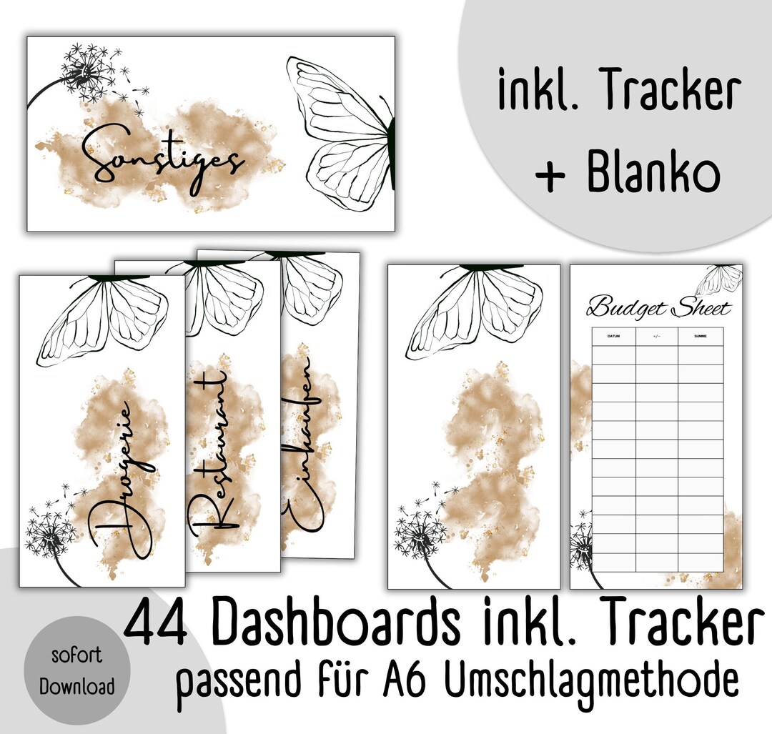 44 Dashboards cover Pages Tracker Black/gold Butterfly Design for A6 ...