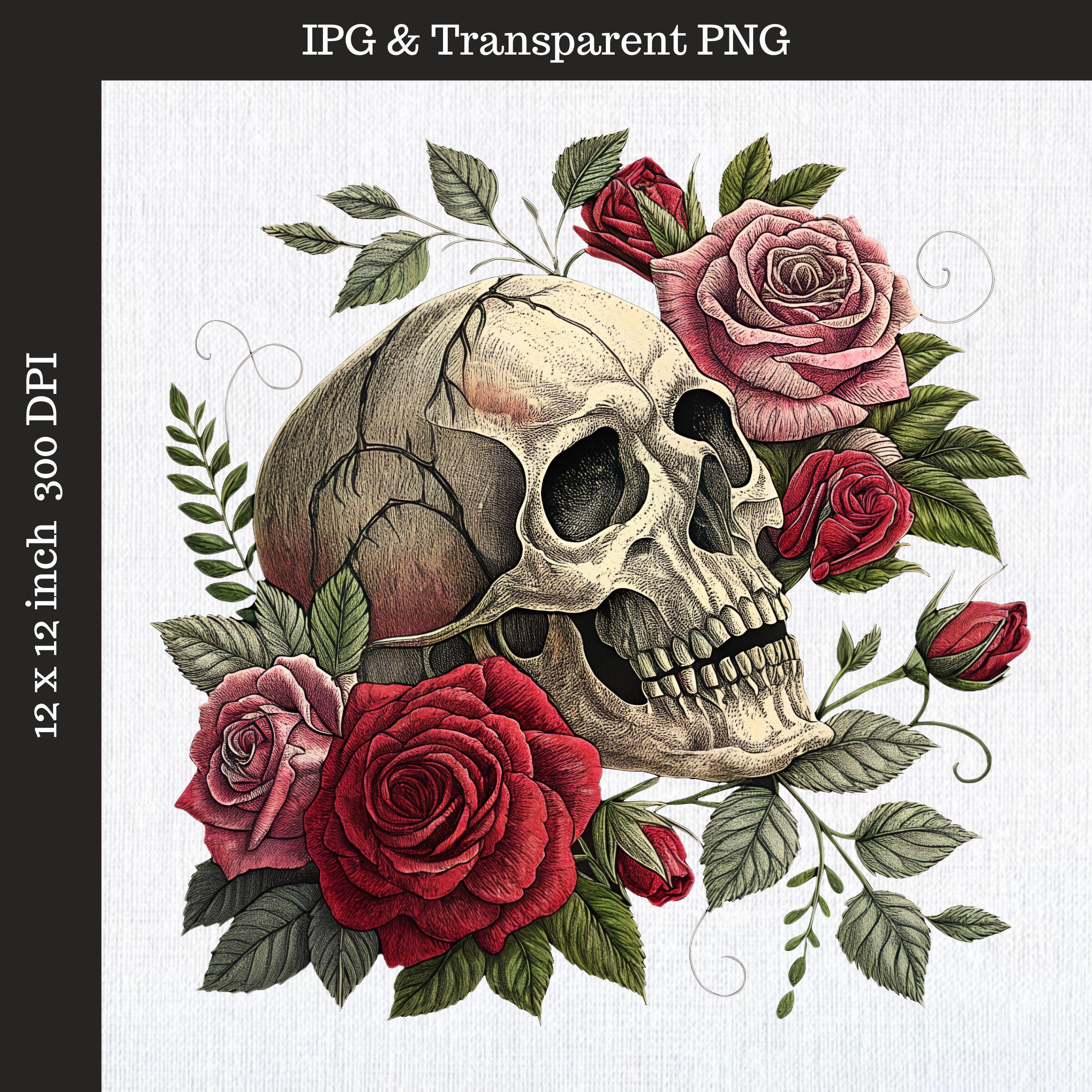 Skull and Roses Clipart PNG, Digital Illustration, Sublima-tion Design ...