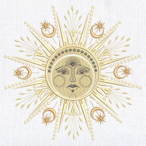 Mystical Sun Face Machine Embroidery Design, Celestial Moon Star ...