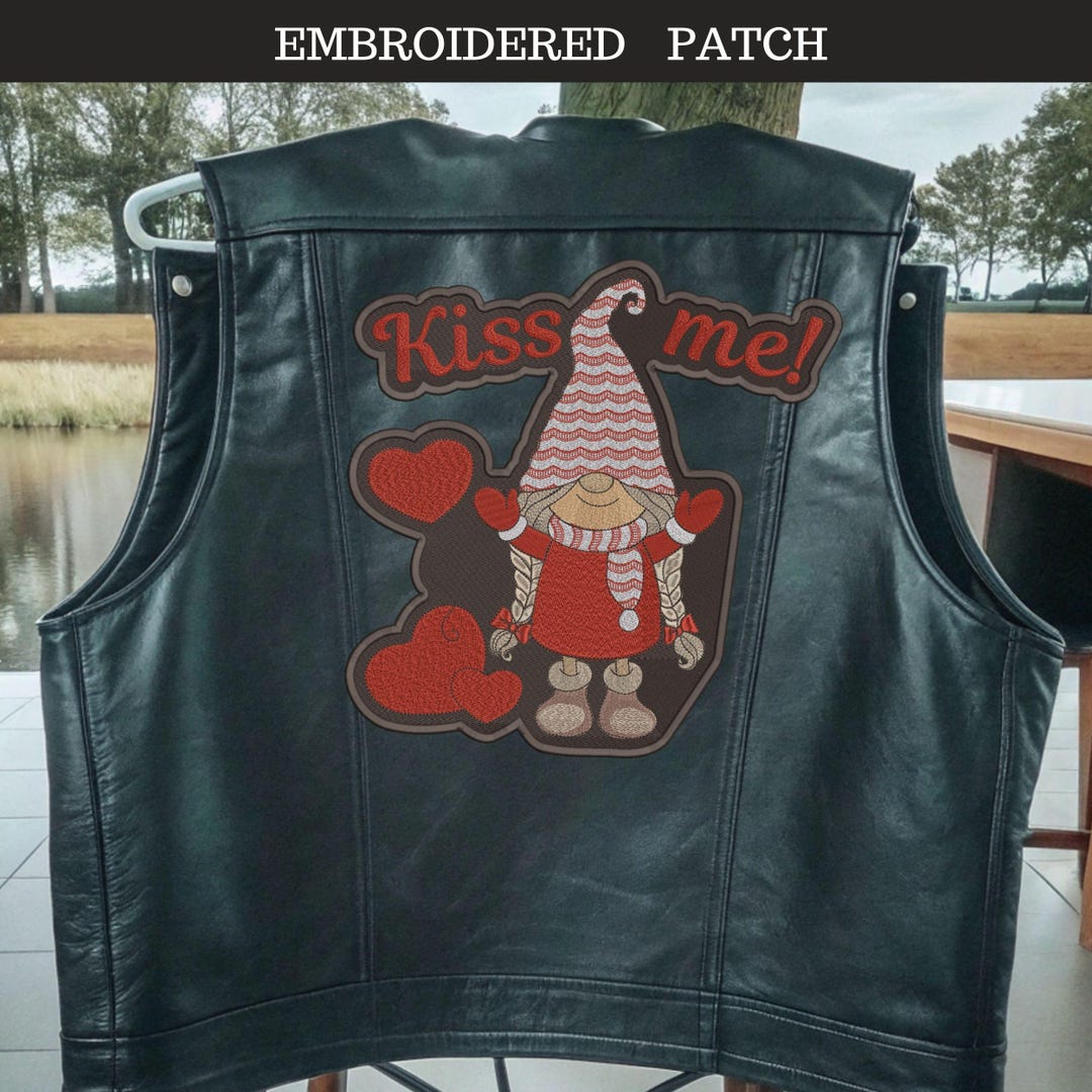 Large Embroidered Back Patch Valentine Gnome With Hearts. "kiss Me ...