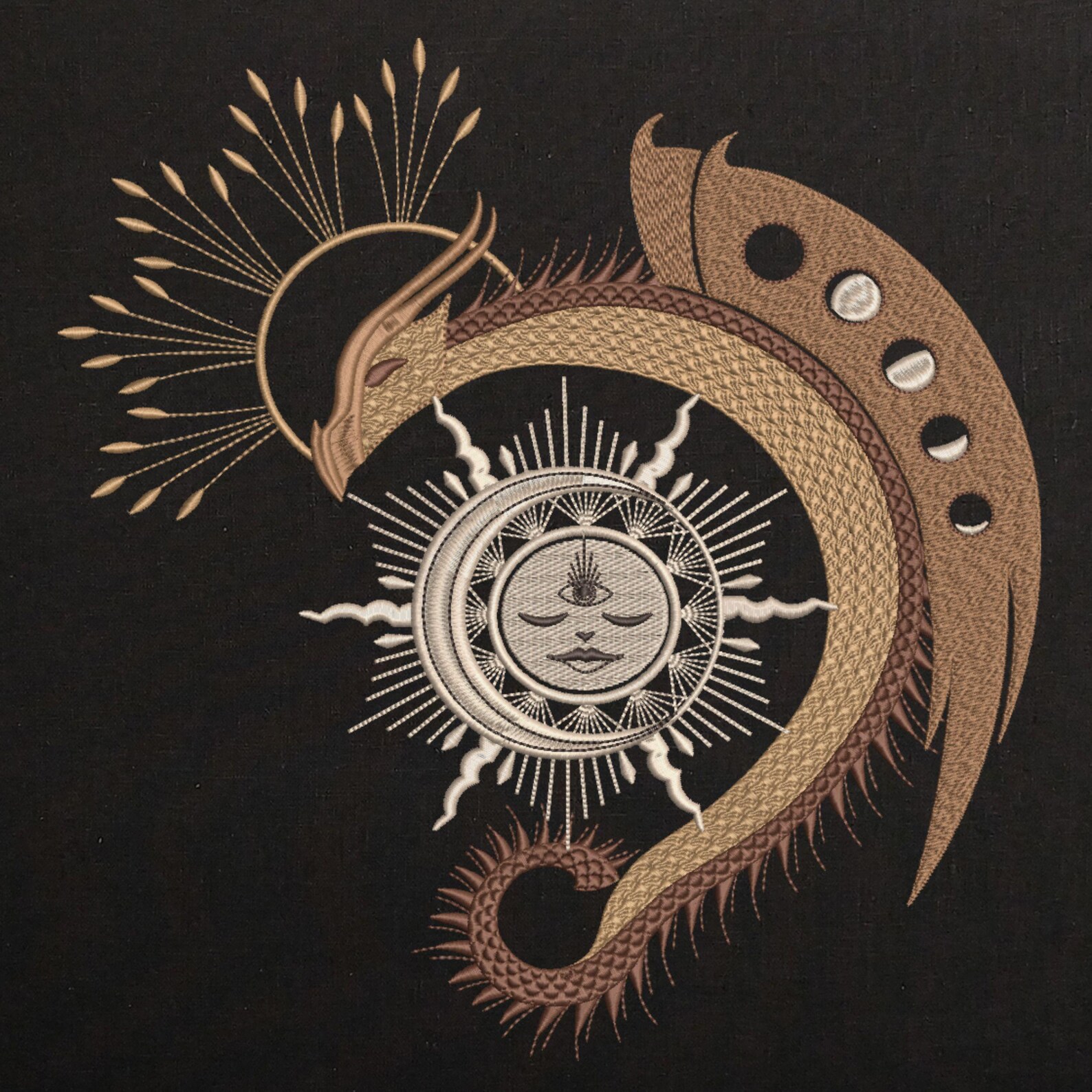Mystical Dragon Embroidery Design: Celestial Sun Moon (instant Download ...