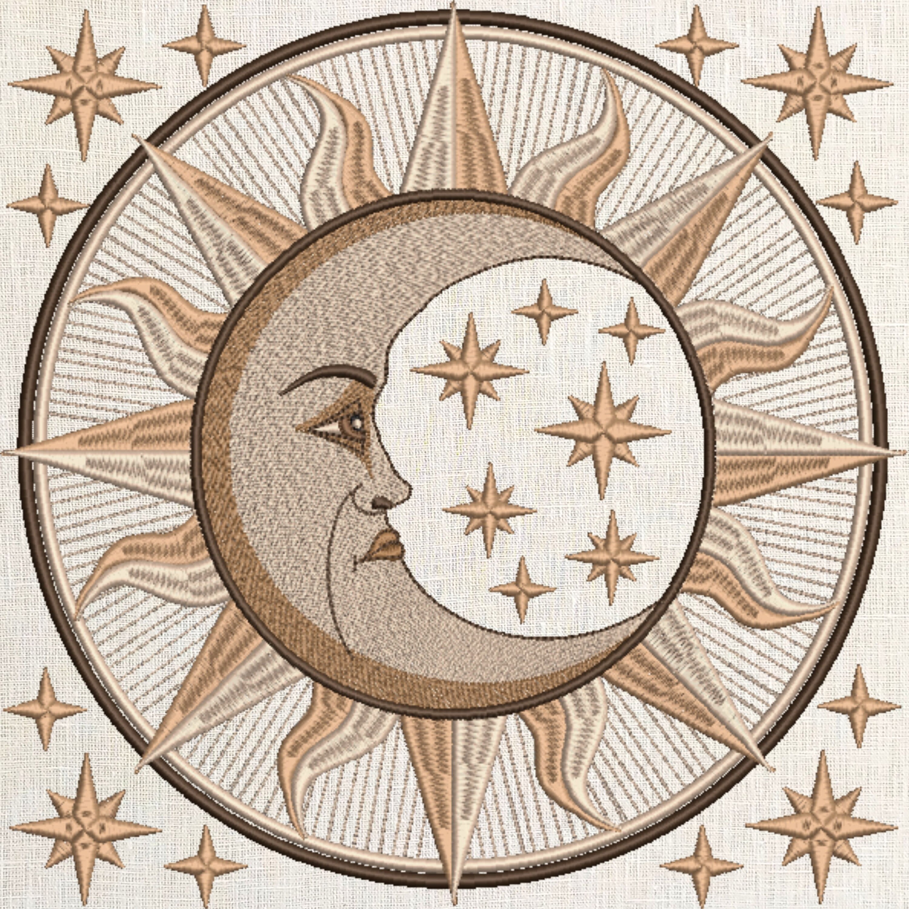 Machine Embroidery Design Moon With Face, Sun & Stars Sun and Moon ...