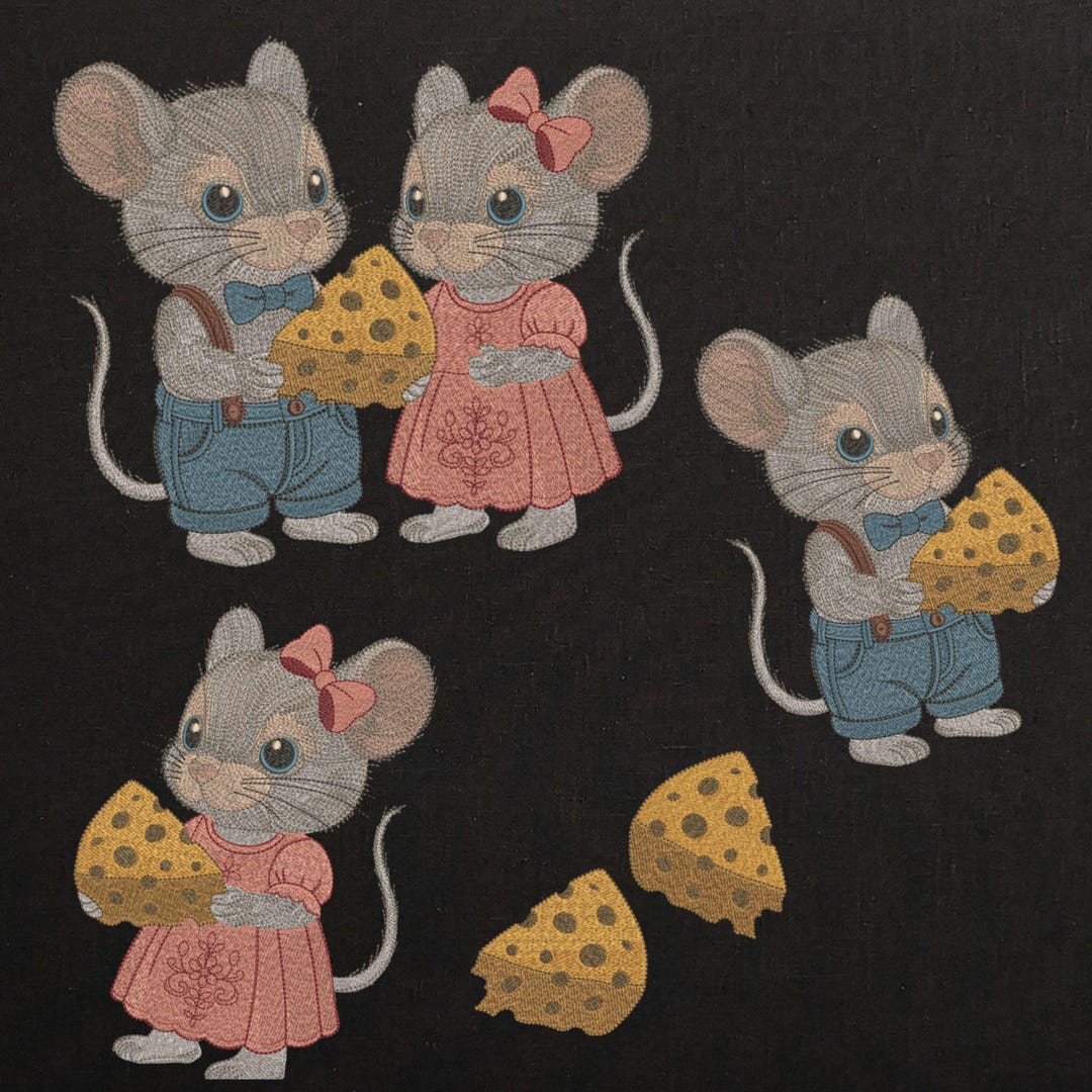 Set 4 Cute Baby Mice Boy & Girl With Cheese Machine Embroidery Design ...