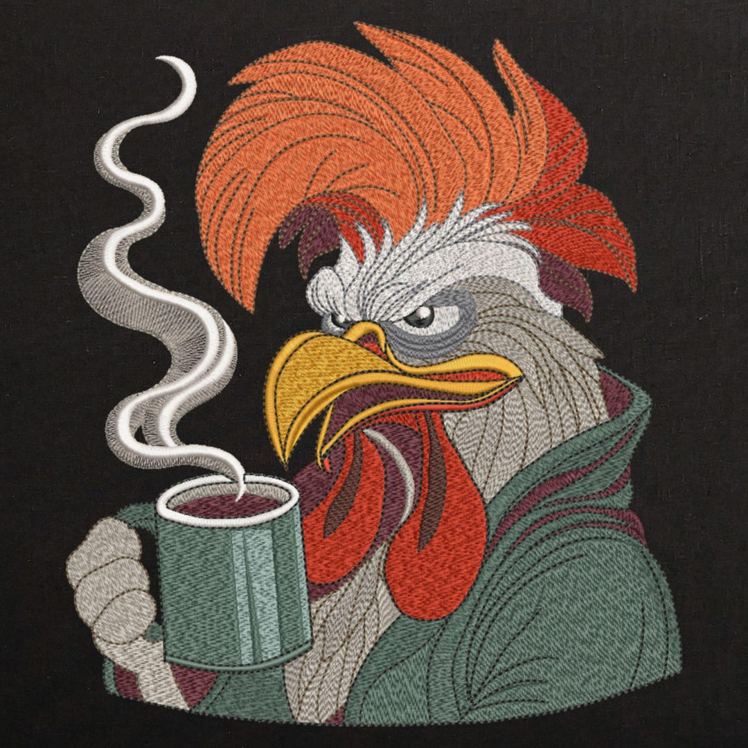 Grumpy Coffee Rooster Embroidery Design: Funny Animal PES Pattern (8 ...