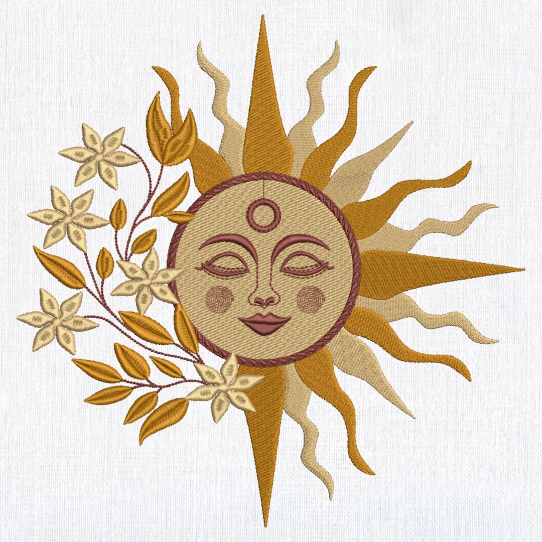 Mystical Sun Face Embroidery Design: Celestial Floral Machine Pattern ...