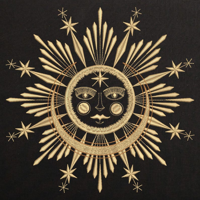 Mystical Sun Face Embroidery Design: Celestial Stars Pattern (8 Sizes ...