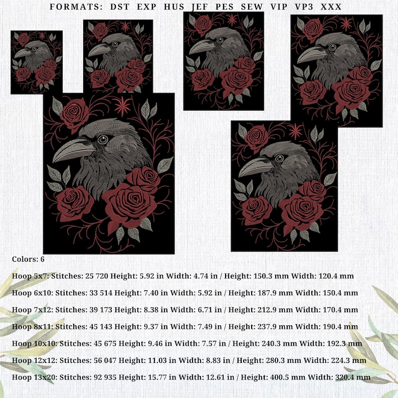 Gothic Raven Floral Crow Machine Embroidery Design 7 Sizes Instant ...