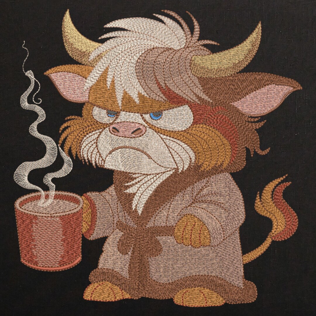 Grumpy Coffee Bull Machine Embroidery Design, Funny Animals Embroidery File, Highland Cow ...
