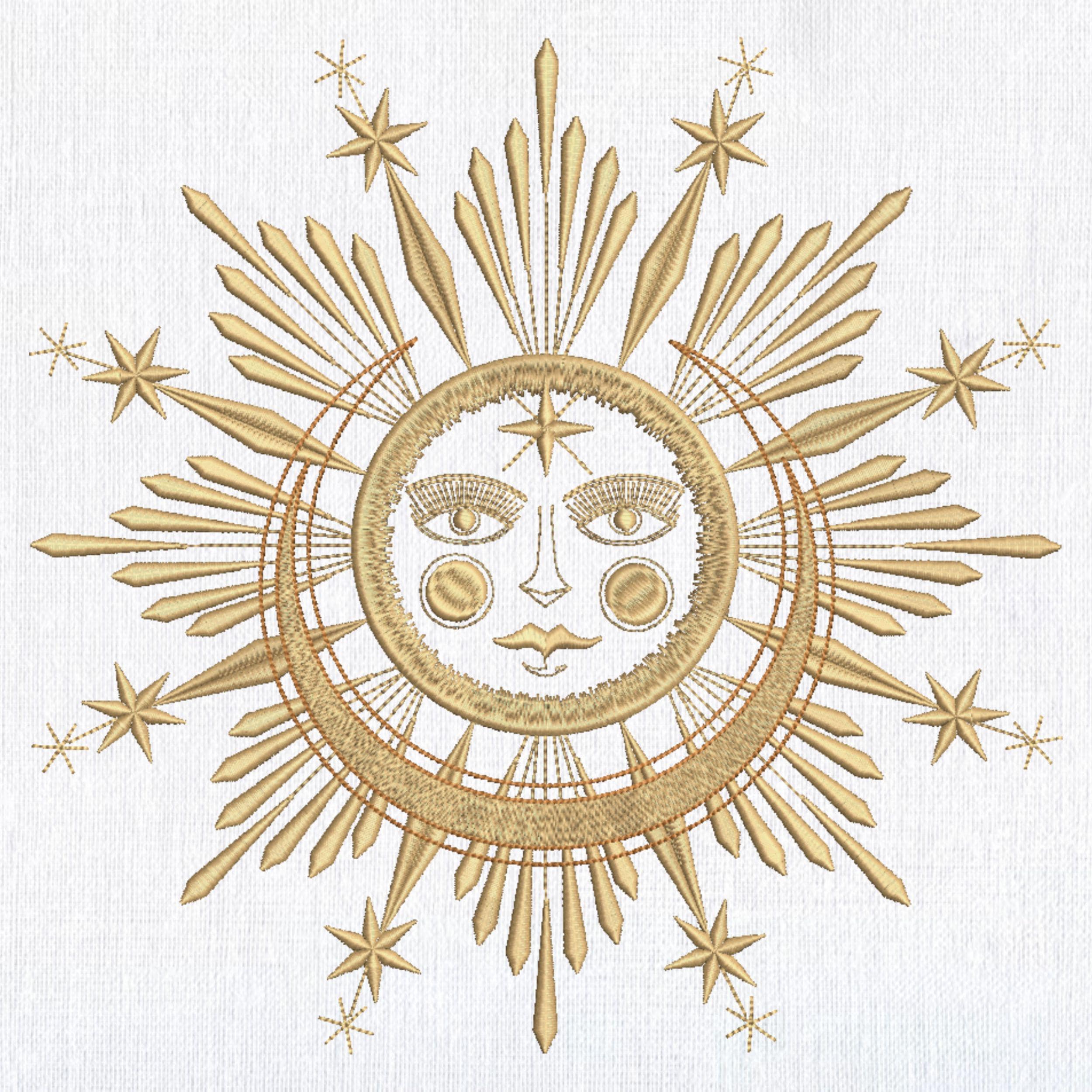 Mystical Sun Face Embroidery Design: Celestial Stars Pattern (8 Sizes ...