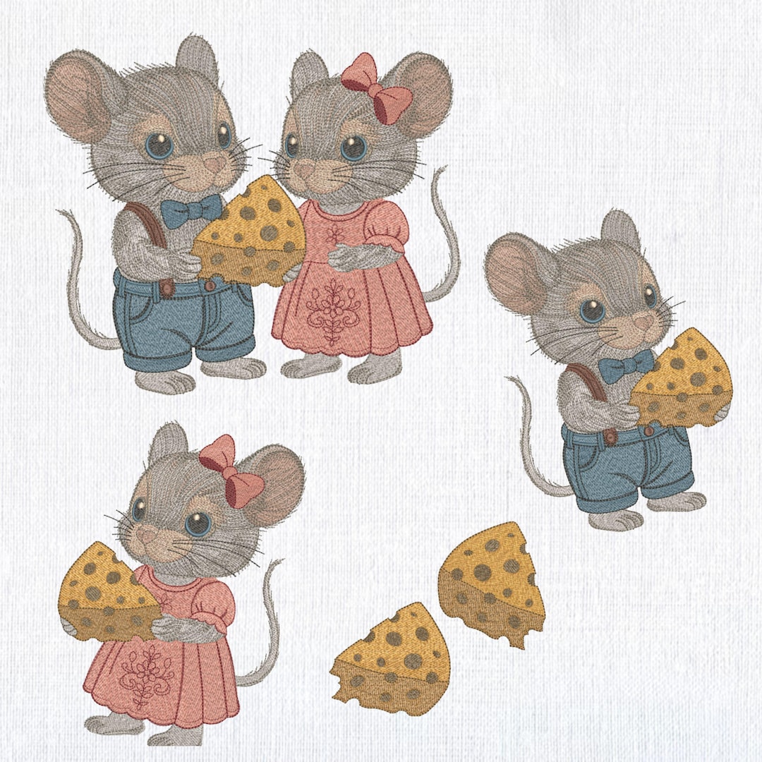 Set 4 Cute Baby Mice Boy & Girl With Cheese Machine Embroidery Design ...