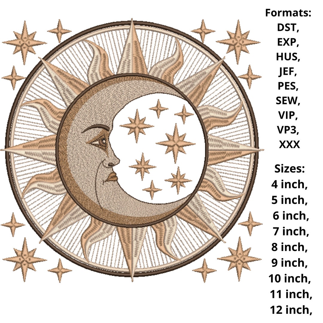 Machine Embroidery Design Moon With Face, Sun & Stars Sun and Moon ...