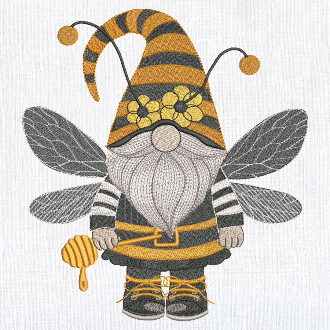 Bee Gnome With Honey Dipper Machine Embroidery Design, Cute Bumblebee ...