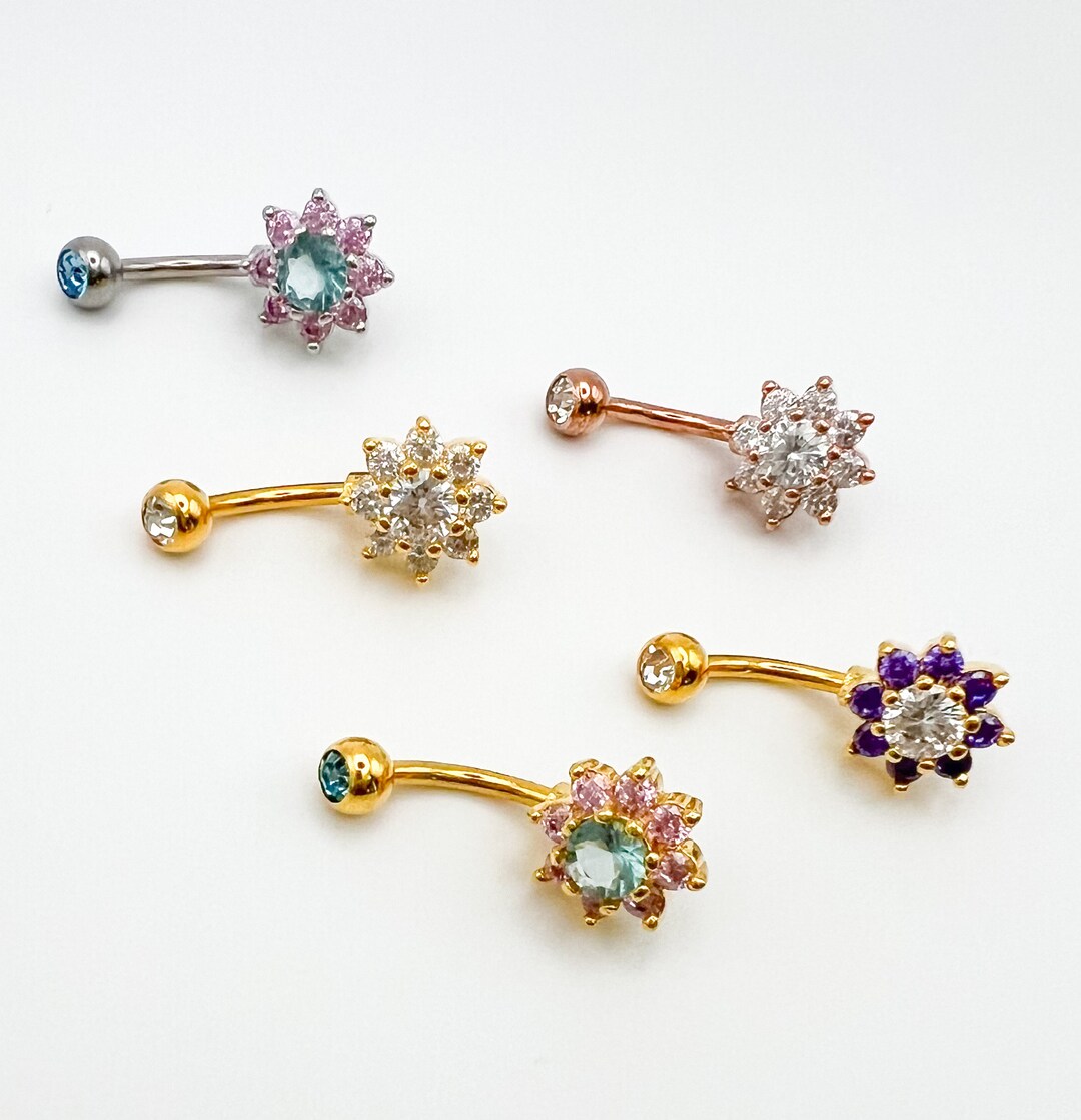 14G Surgical Steel Navel Piercing, Flower Belly Button Ring, Dainty ...