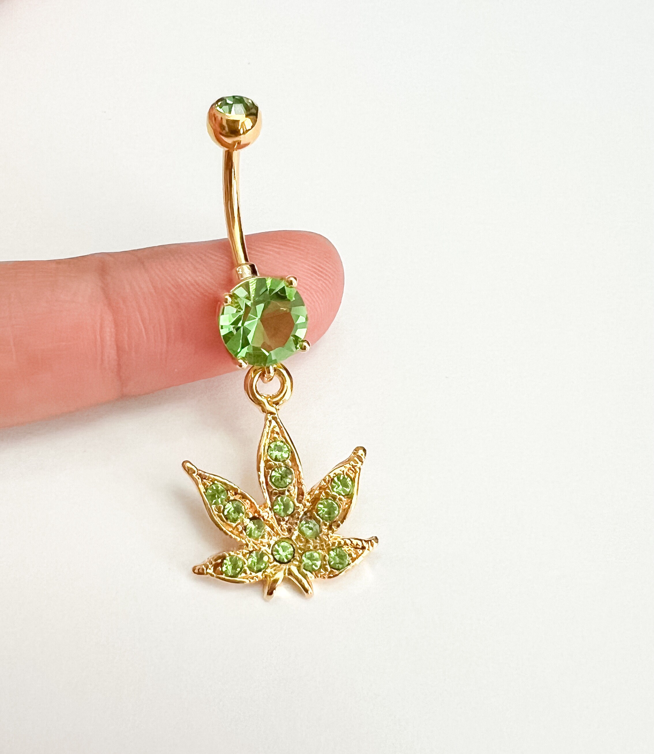 Green Marijuana Leaf Belly Ring, Belly Button Piercing, 14g Surgical ...