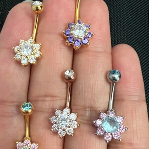 14G Surgical Steel Navel Piercing, Flower Belly Button Ring, Dainty ...