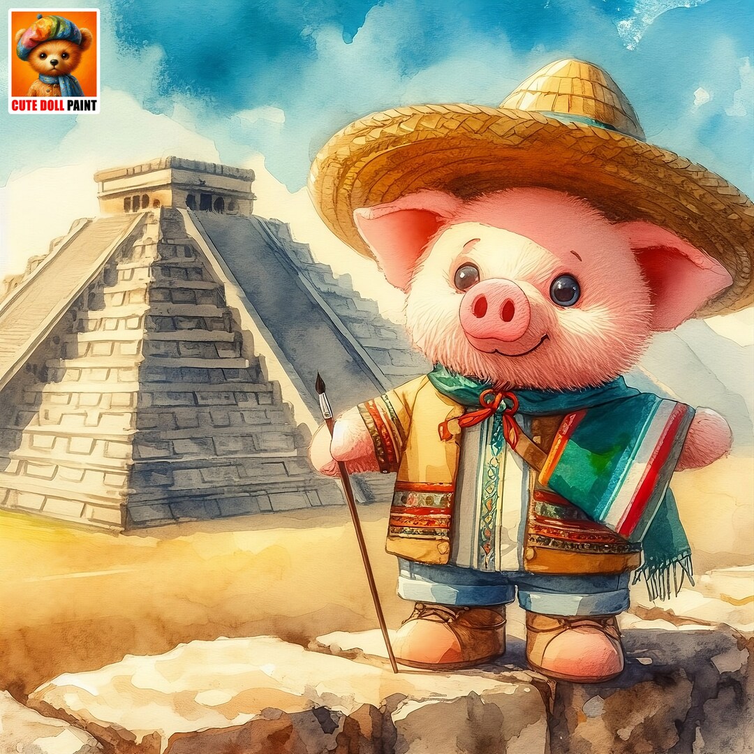 Pig Doll Visits El Castillo Pyramid V.1 Printable Wall Art Watercolor ...