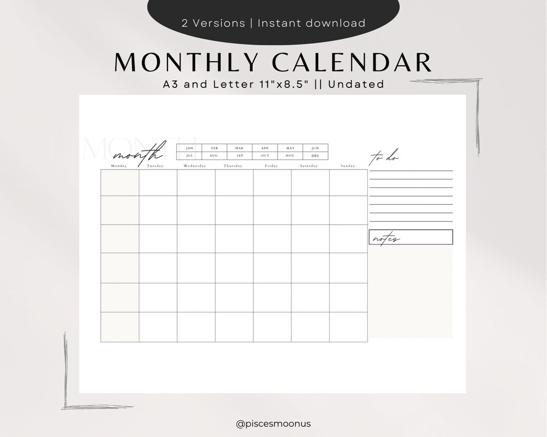 White Beige Minimalist Customizable Undated Monthly Calendar - Etsy