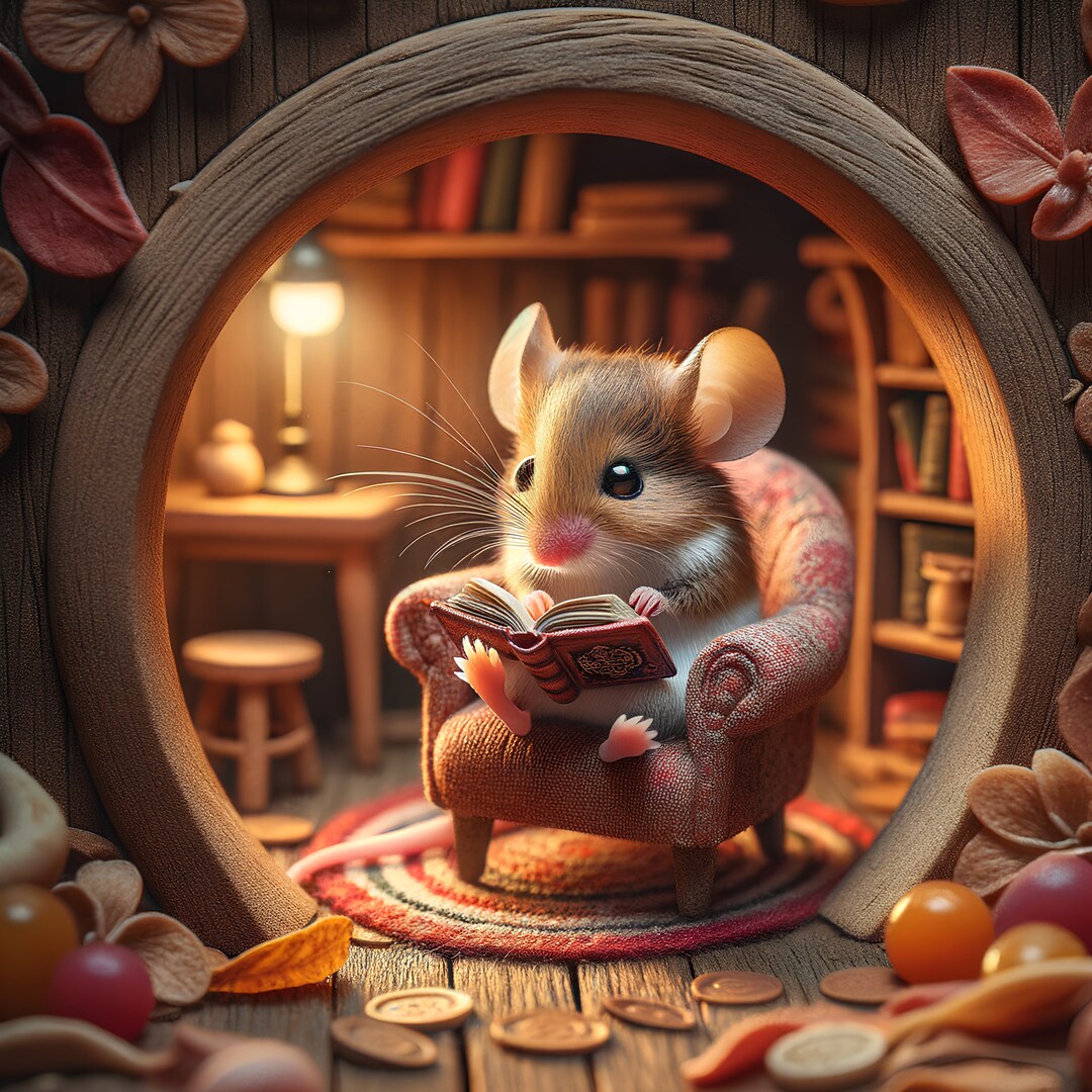Sitting Mouse Reading a Book in Mouse Hole Sticker Mouse Hole 3D Wall ...