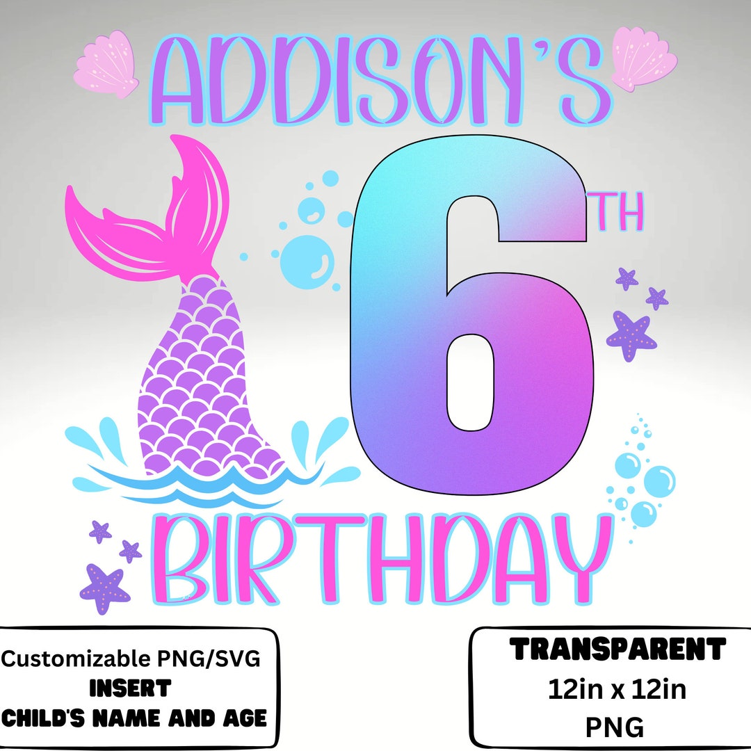 Editable Birthday Mermaid PNG, Custom Mermaid Girl Birthday SVG ...