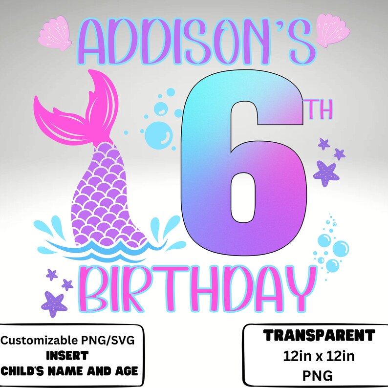 Editable Birthday Mermaid PNG, Custom Mermaid Girl Birthday SVG ...