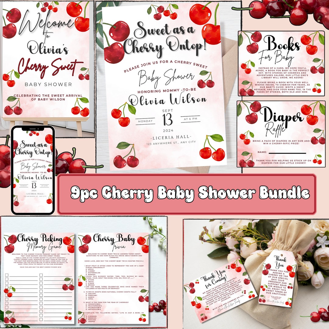 Editable Cherry Sweet Baby Shower Invitation Bundle, Cherry Baby Shower ...