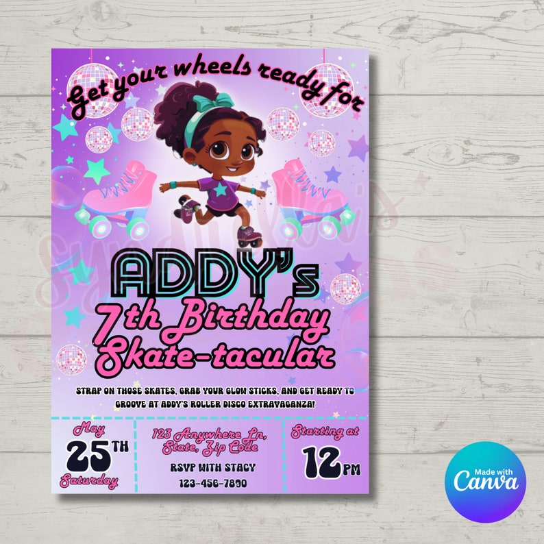 Editable Roller Skating Birthday Party Invite Template, Black Girl ...