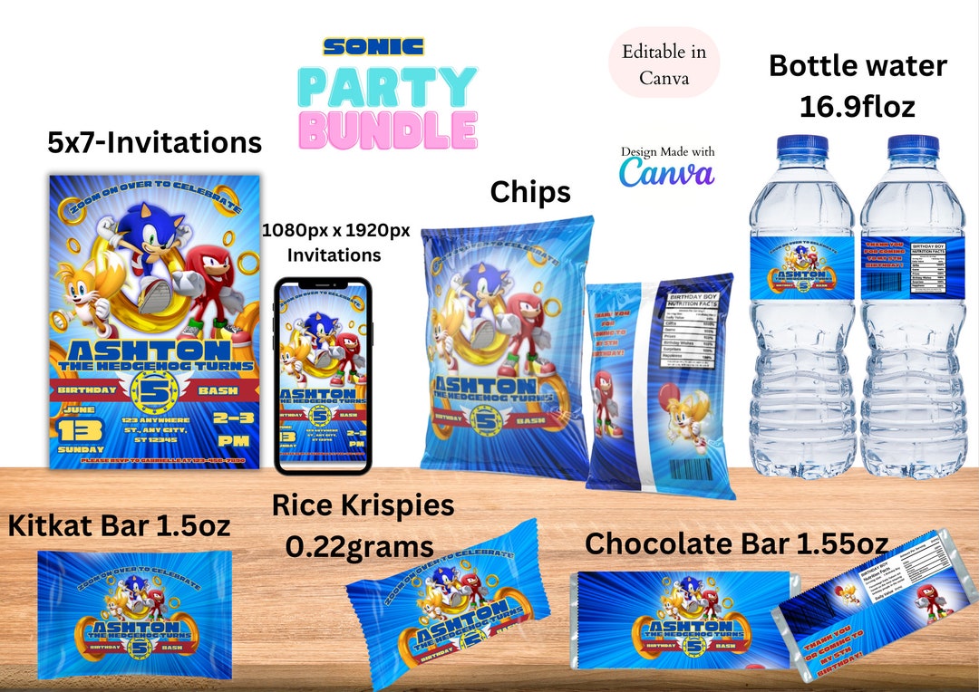 Sonic Birthday Party Bundle | Sonic Chip Bags, Rice Krispies, Water ...