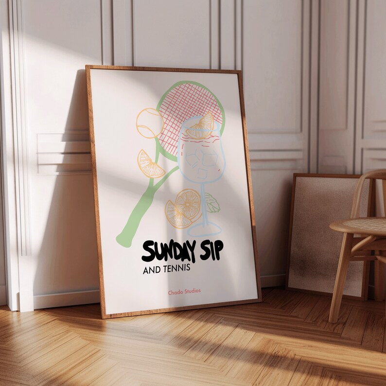 Sunday Sip and Tennis Poster, Minimalistic Print for Home, Typography ...