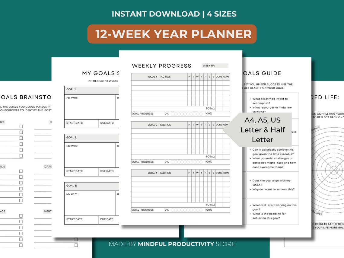 12 Week Year Planner Printable, 12 Week Planner, Digital Planner ...