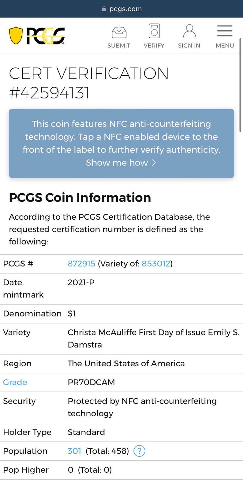 2021 P- Silver Christa Mcauliffe Comm- PCGS- PR70 DCAM- First Day of ...