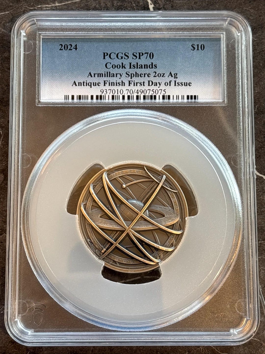 2024-cook Islands- 2oz- Armillary Sphere- PCGS- SP70- FDOI- Antiqued ...
