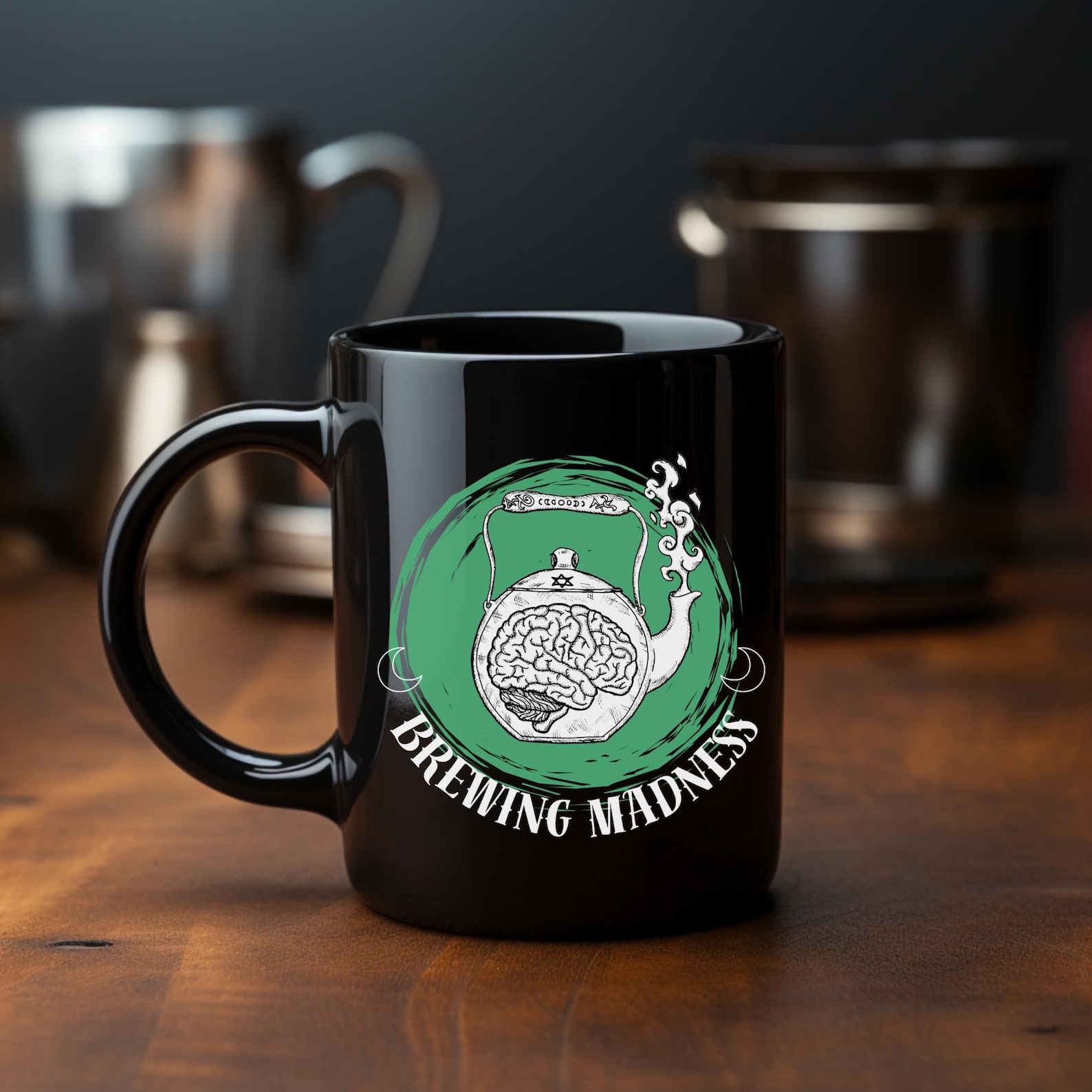Brewing Madness Gothic Brain and Teakettle Black Ceramic Mug (11oz ...